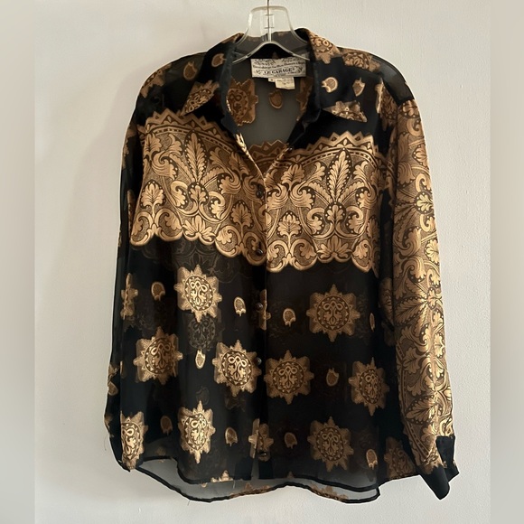 Le Garage | Tops | Le Garage Vintage Button Up Blackgold Pattern Shear ...